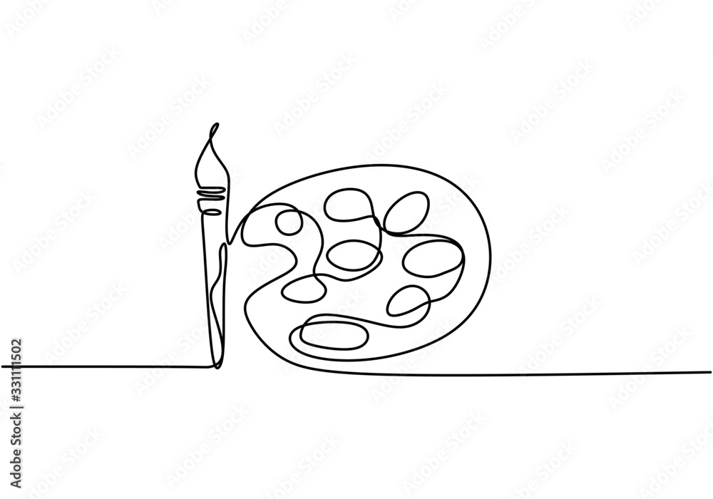 Palette with paints and brushes, continuous one line drawing. Vector ...