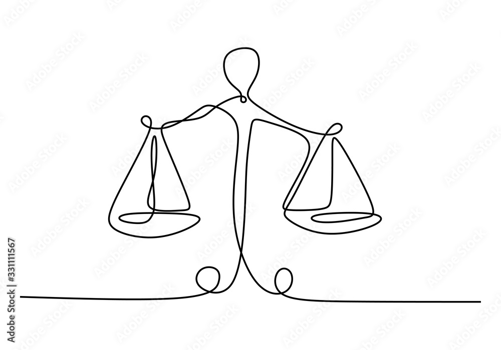 One line drawing of law balance, or Scale icon, symbol of court and ...