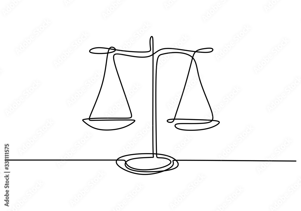One line drawing of law balance, or Scale icon, symbol of court and ...