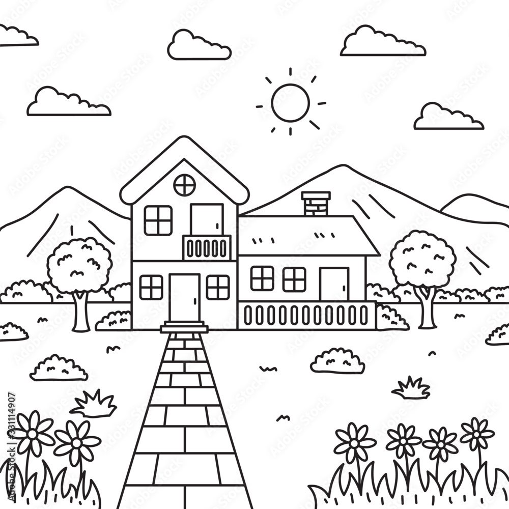 House with flowers and mountain vector illustration in line art style ...