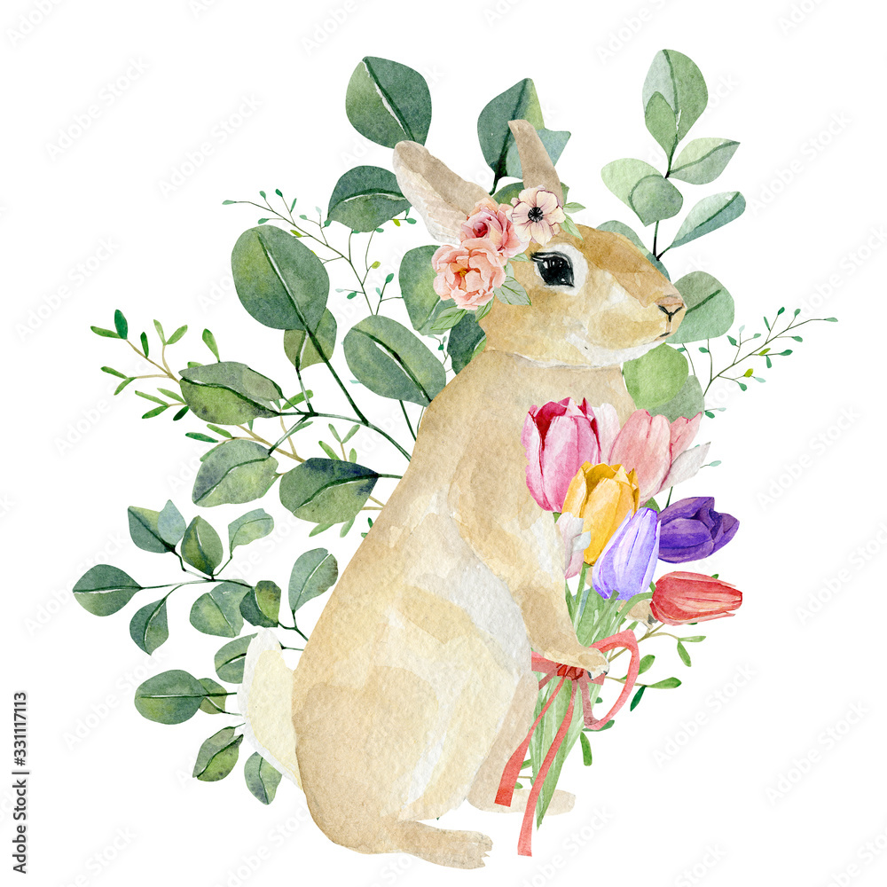 Watercolor bunny in floral bouquet. Hand drawn childish clipart animal ...