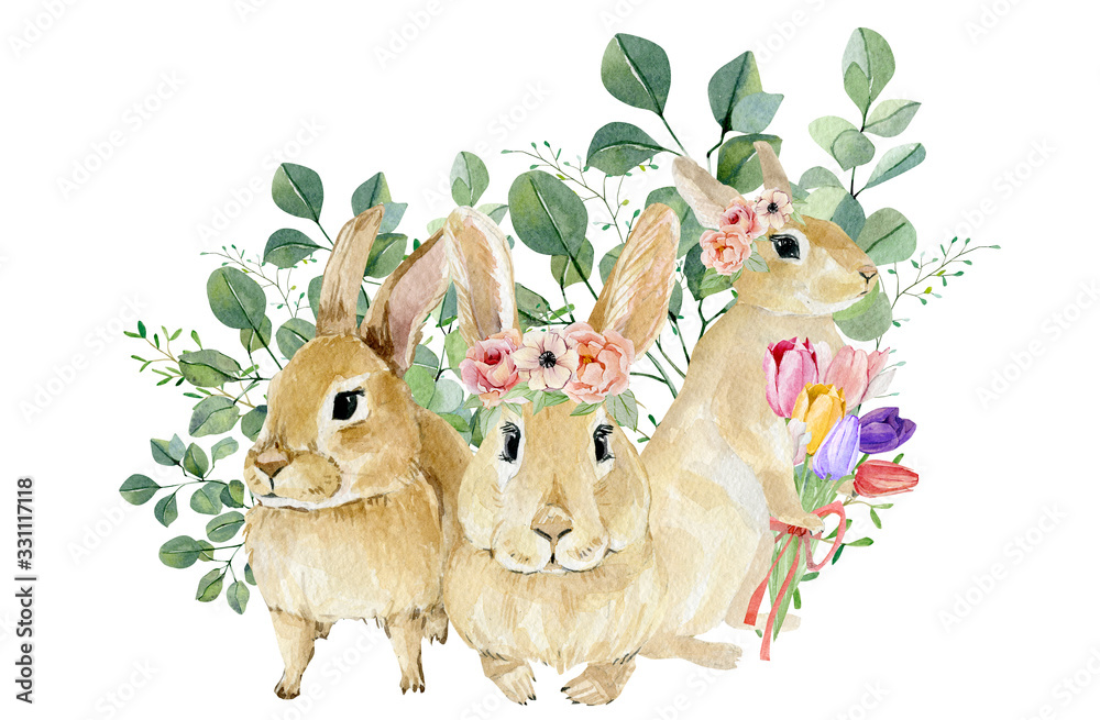 Watercolor bunny set in floral bouquet. Hand drawn childish clipart ...