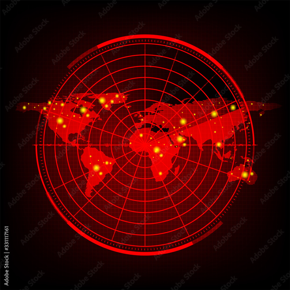 world map with a radar screen,digital red radar with targets and world ...