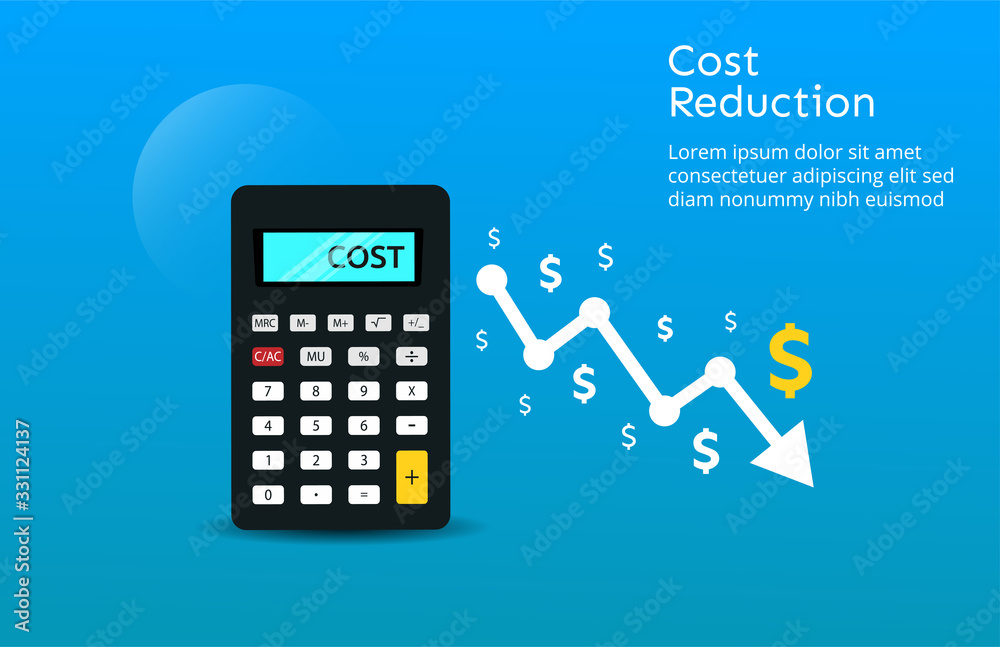 cost reduction concept. calculator and arrow line decrease. dollar money fall down symbol ...
