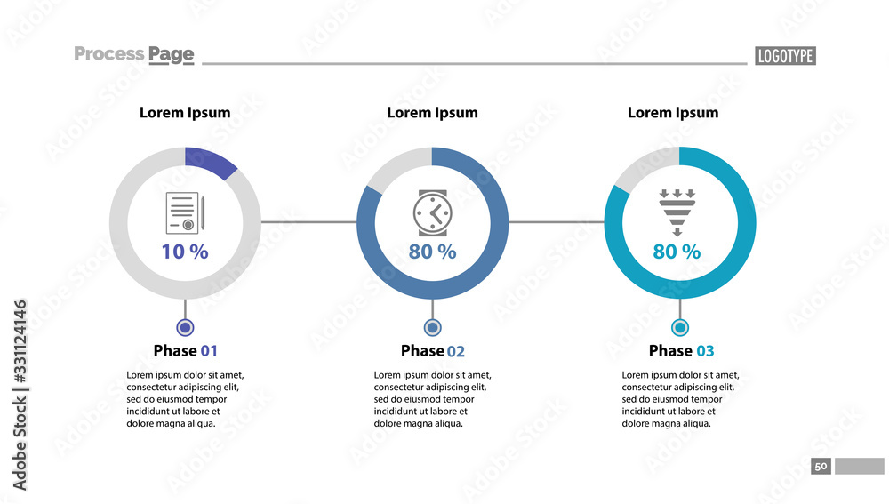Three phase process chart slide template. Element of strategy, plan ...