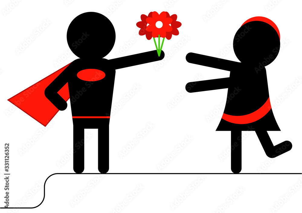 hero gives flowers to a beautiful girl, icon pictogram symbol, on white ...