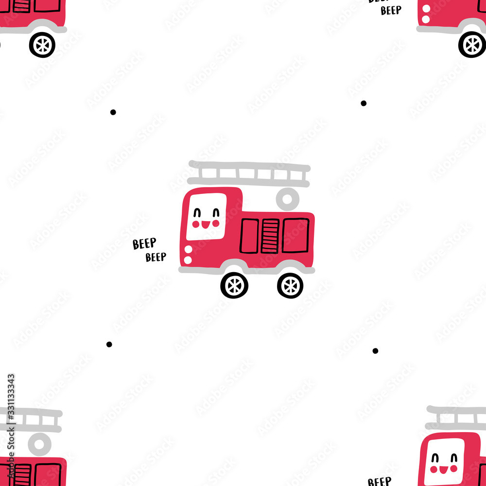 Childish seamless pattern with toy fire engine. Creative kids texture ...