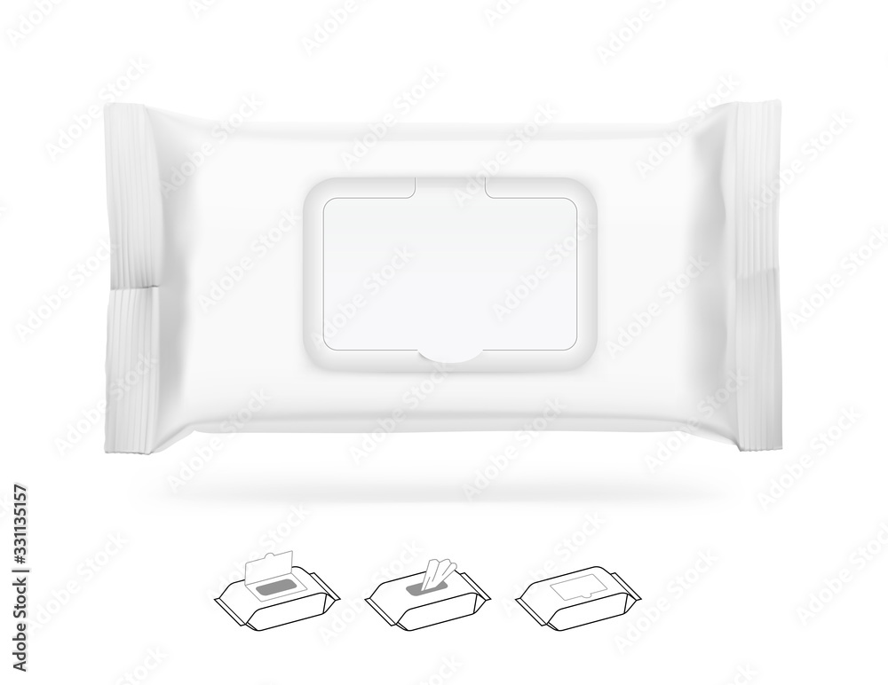 Wet wipes flow pack isolated on white background. Template for your ...