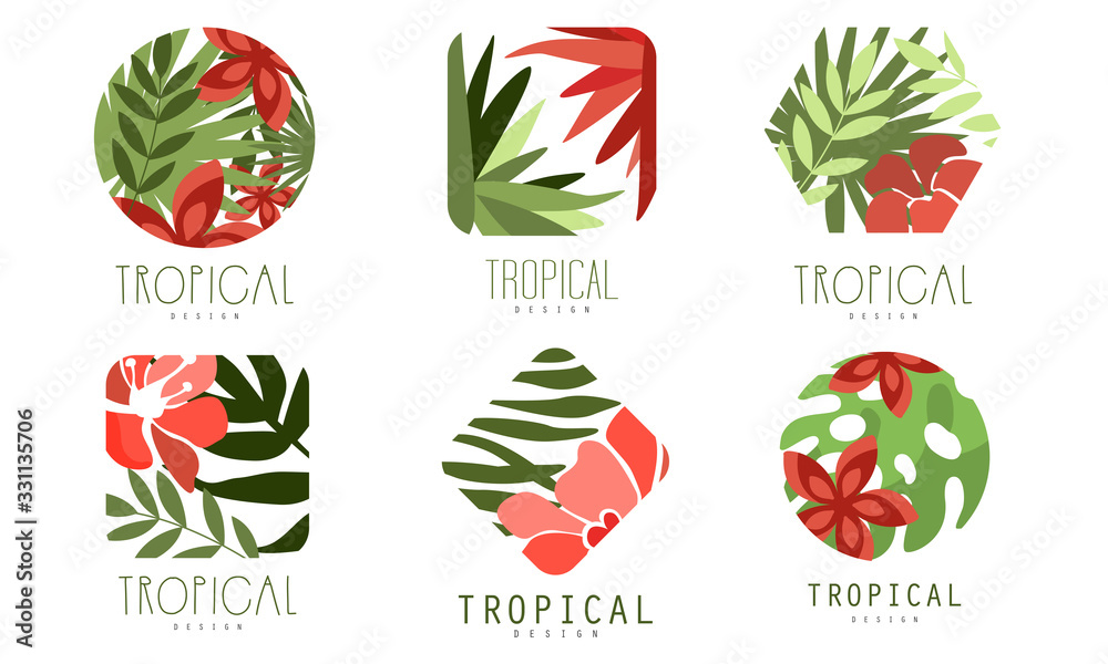 Geometric Tropical Logo Design Collection with Exotic Leaves and Red ...