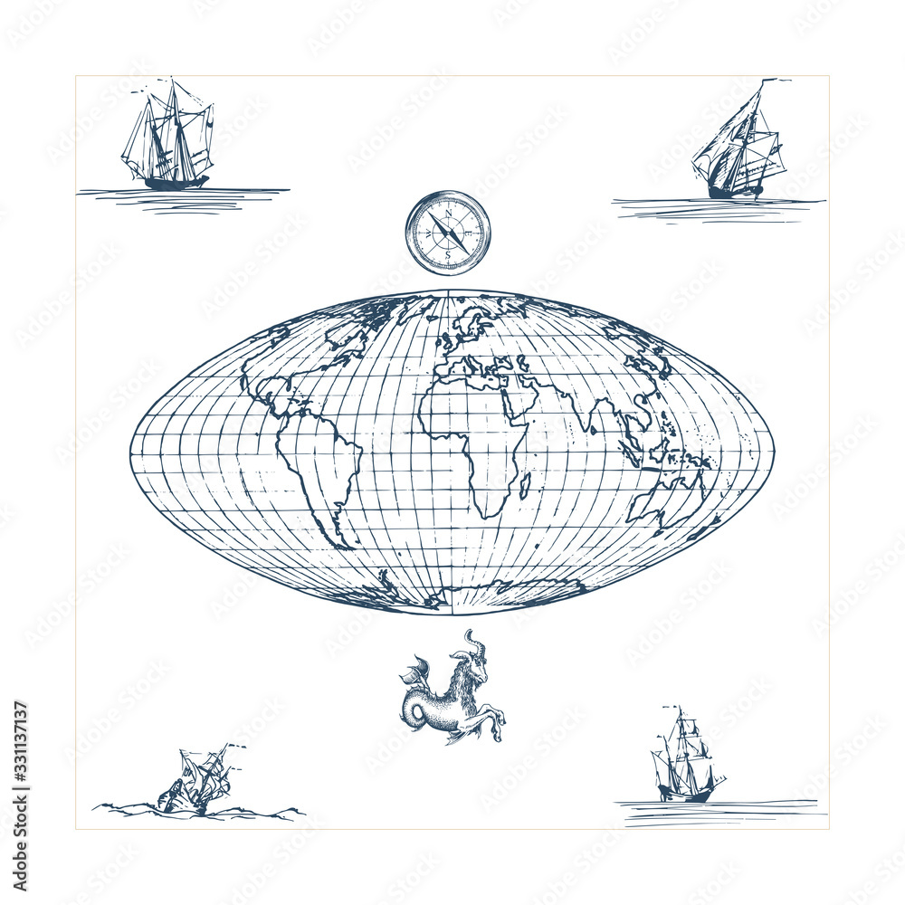 Graphic illustration of Earth globe map with compass and Sea goat ...