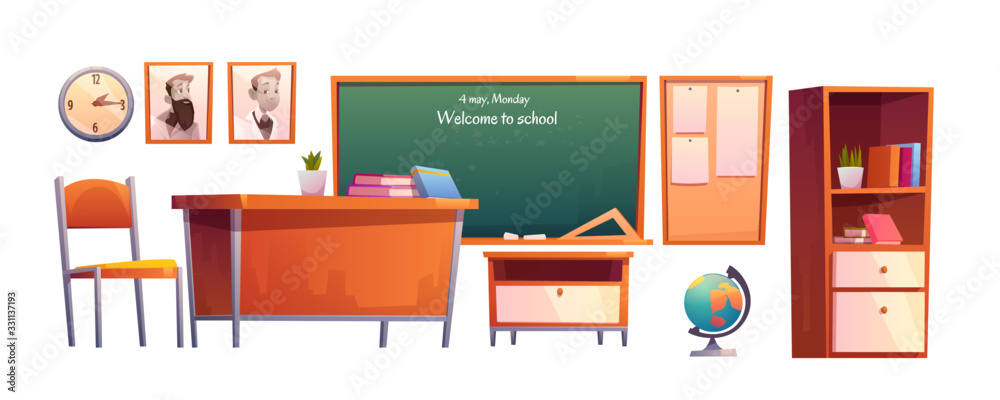 Classroom furniture with inscription Welcome to school on chalkboard ...