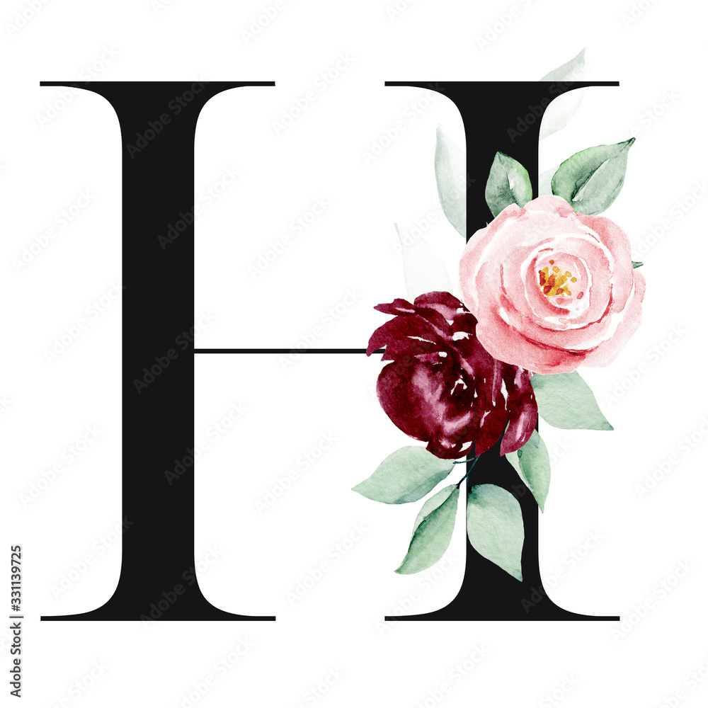 Letter h, floral alphabet, monogram with watercolor flowers roses ...