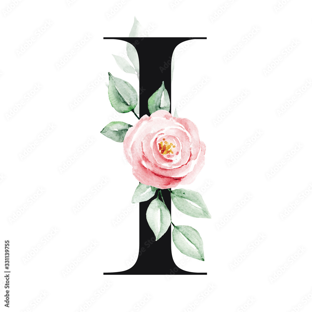 Letter i, floral alphabet, monogram with watercolor flowers roses ...