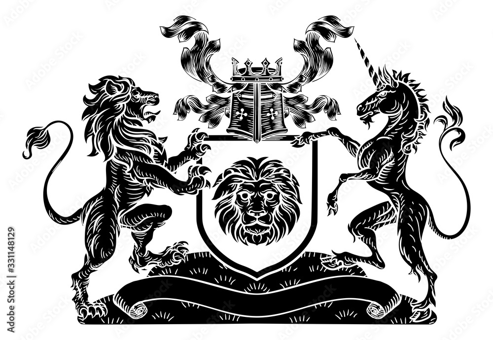 Plakat A medieval heraldic coat of arms crest emblem featuring unicorn ...