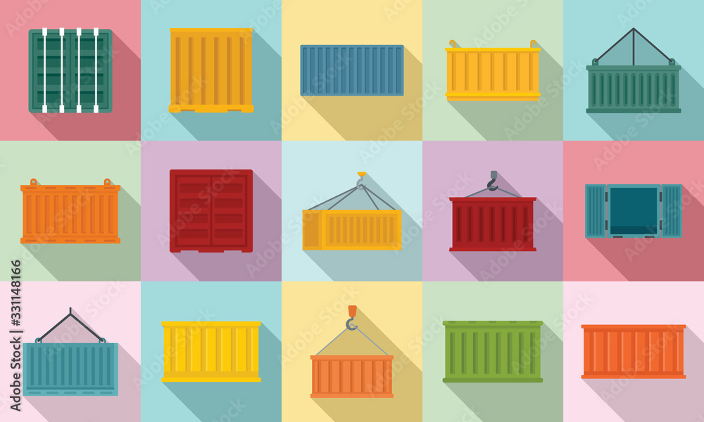 Cargo container icons set. Flat set of cargo container vector icons for ...
