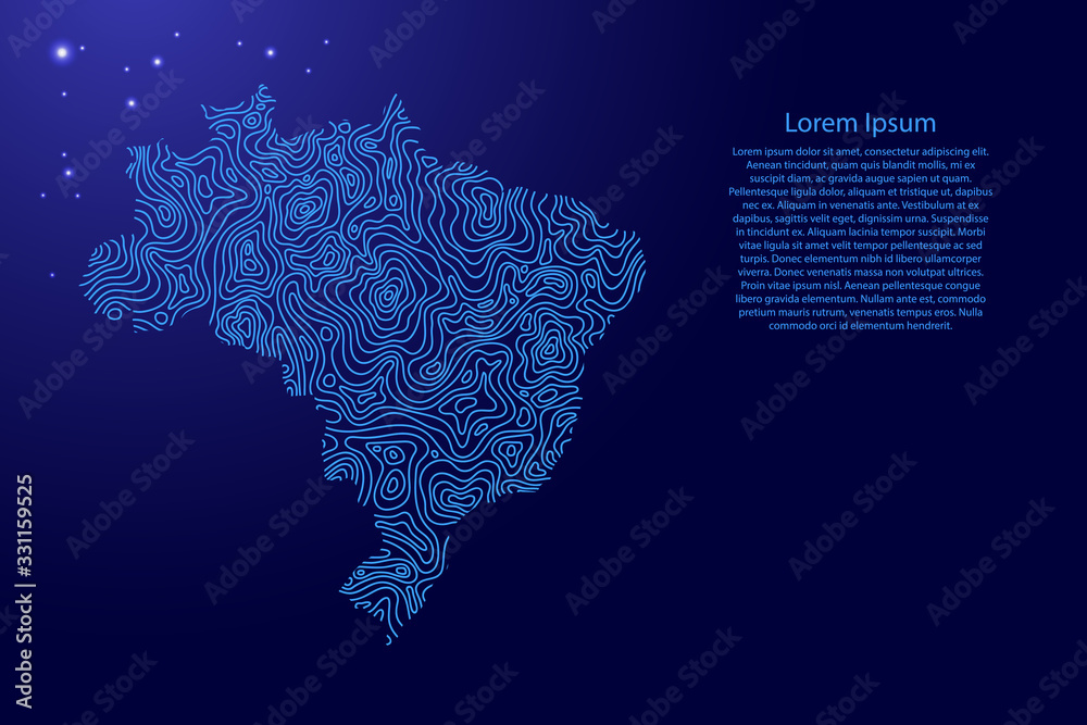 Brazil map from blue isolines or level line geographic topographic map ...