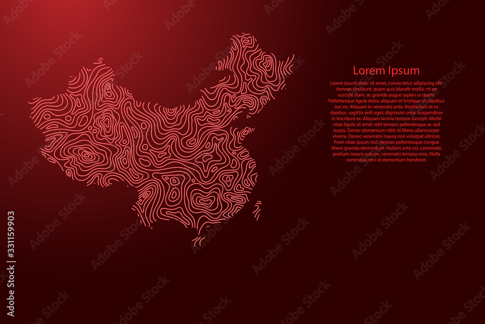 China map from red isolines or level line geographic topographic map ...