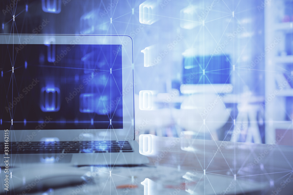 Technology theme drawing and table with computer. Multi exposure ...