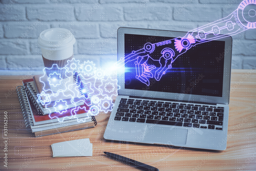 Technology theme drawing and table with computer. Double exposure ...