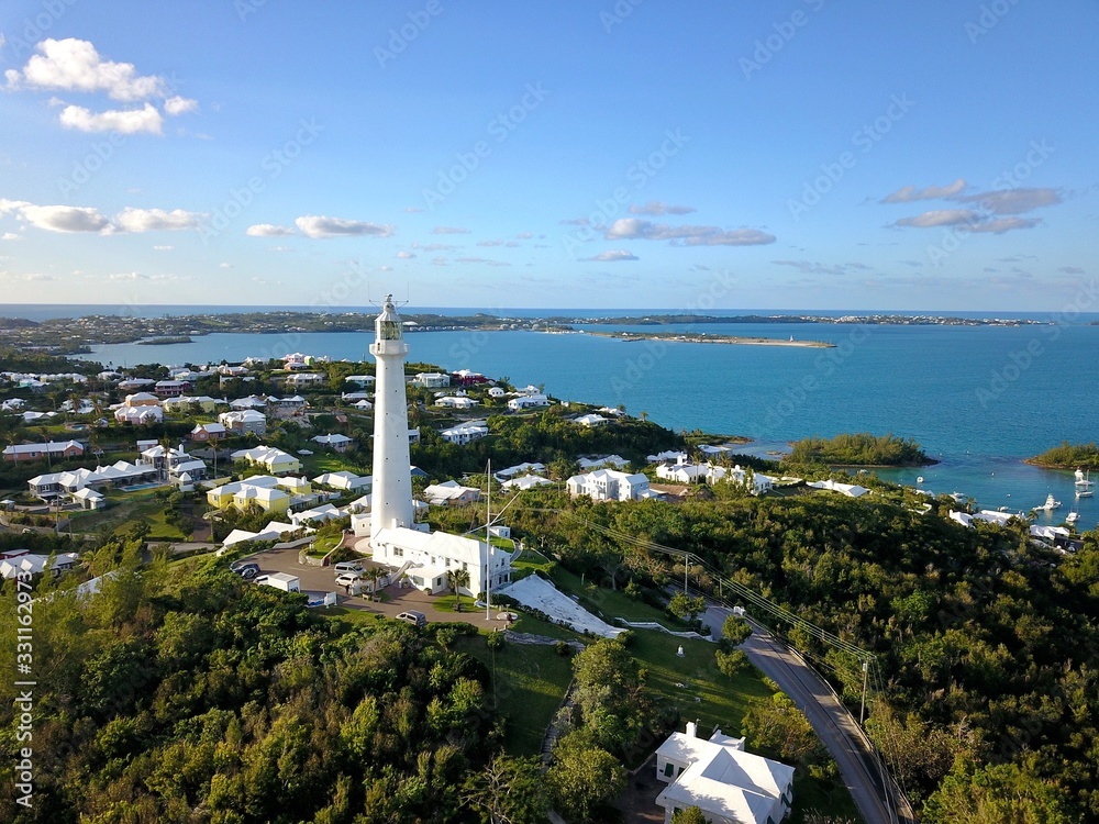 The drone aerial view of Bermuda islands and the Gibbs hill lighthouse ...