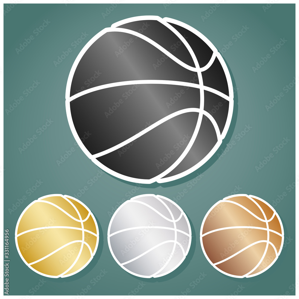 Basketball sign. Set of metallic Icons with gray, gold, silver and ...