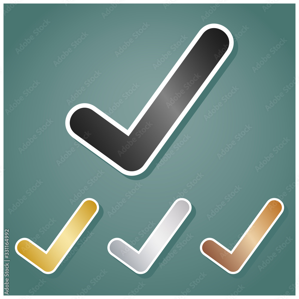 Check mark sign. Set of metallic Icons with gray, gold, silver and ...
