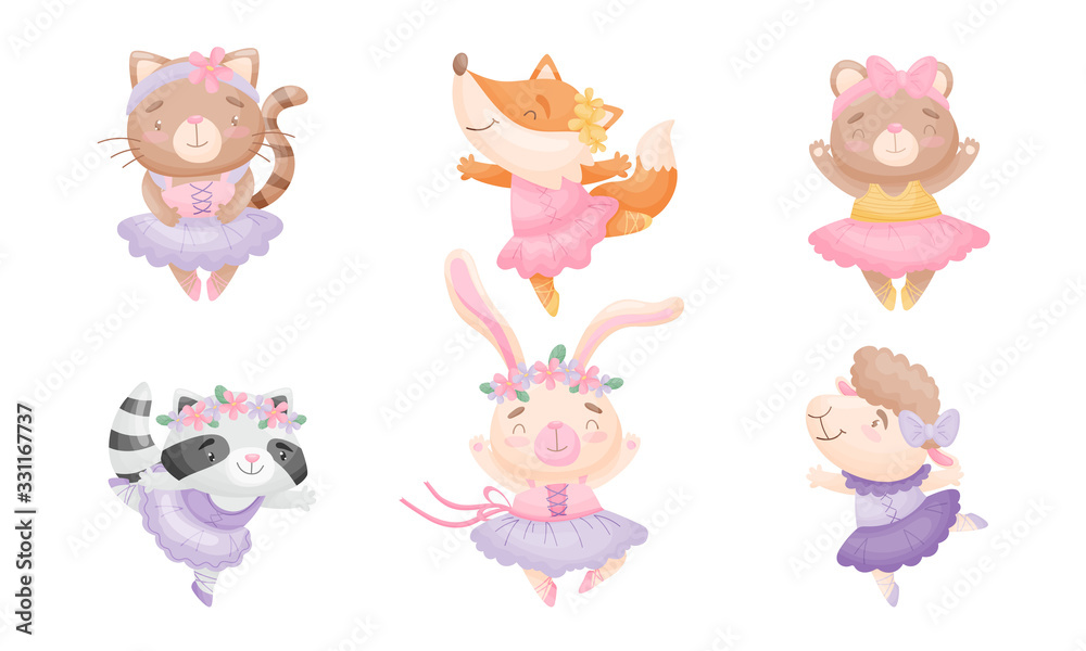 Cute Cartoon Animals in Ballet Skirt Dancing Vector Set Stock Vector ...