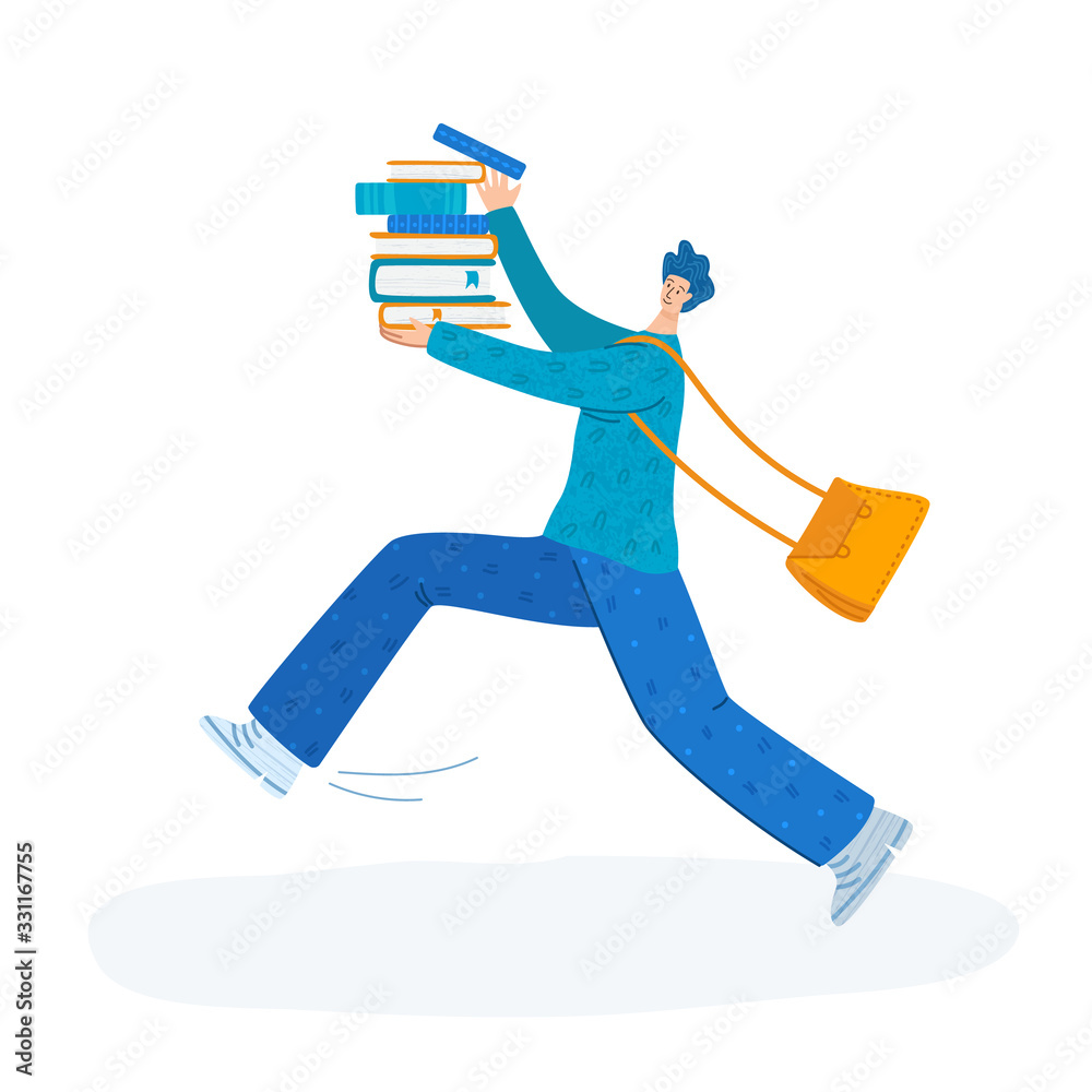 Man running with big stack of books, student or literature fun concept ...