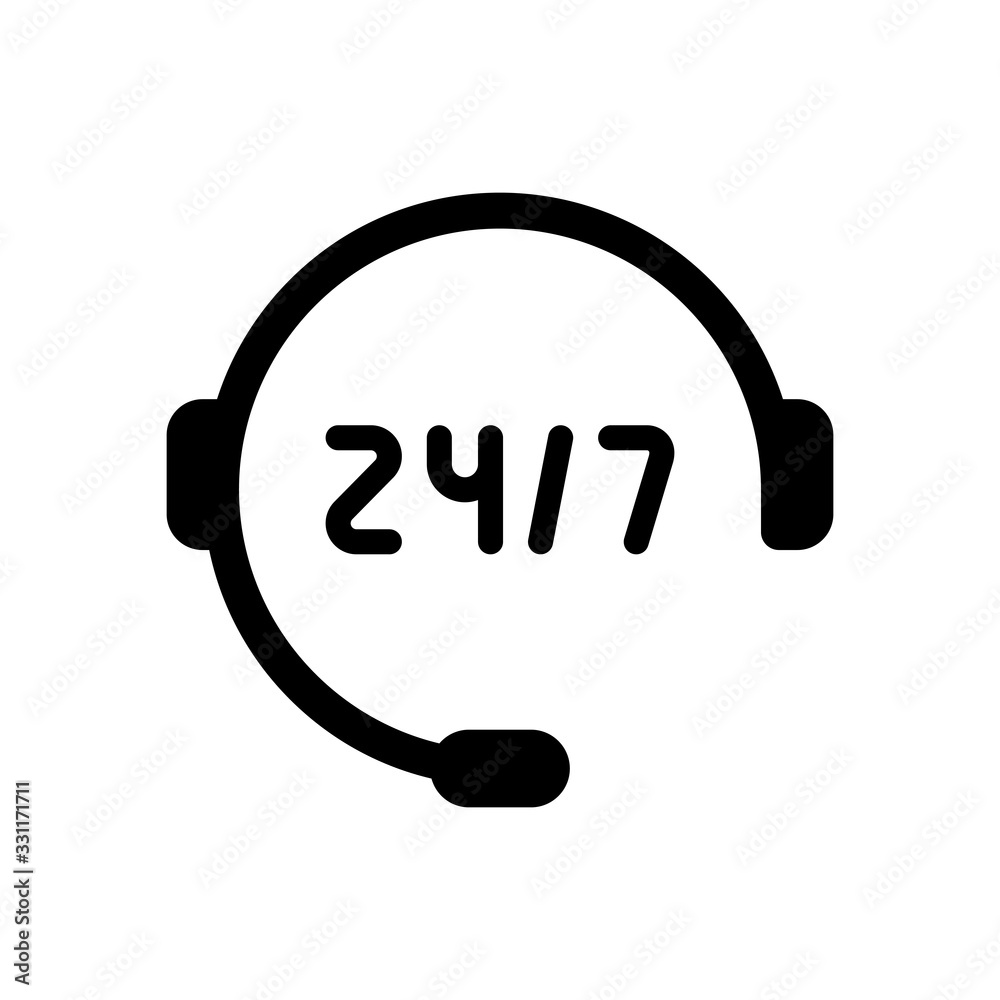 Call or support center, 24 and 7. Black icon on white background Stock ...