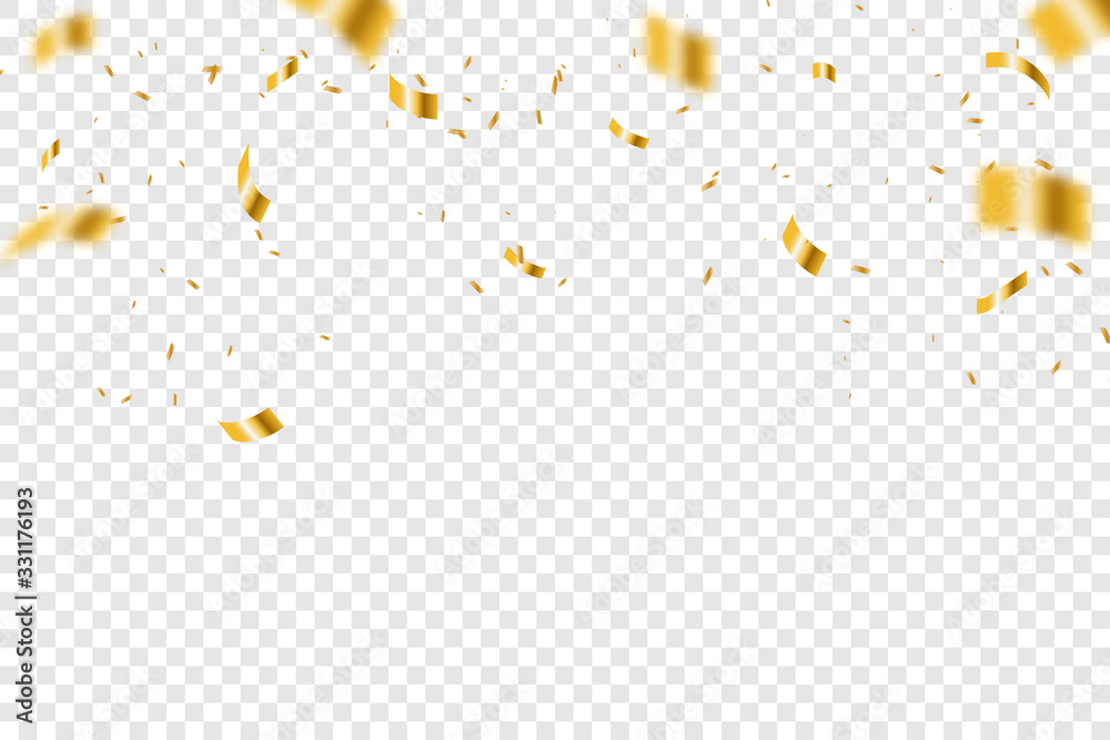 Confetti on transparent background. Falling shiny gold confetti. Golden bright confetti isolated ...