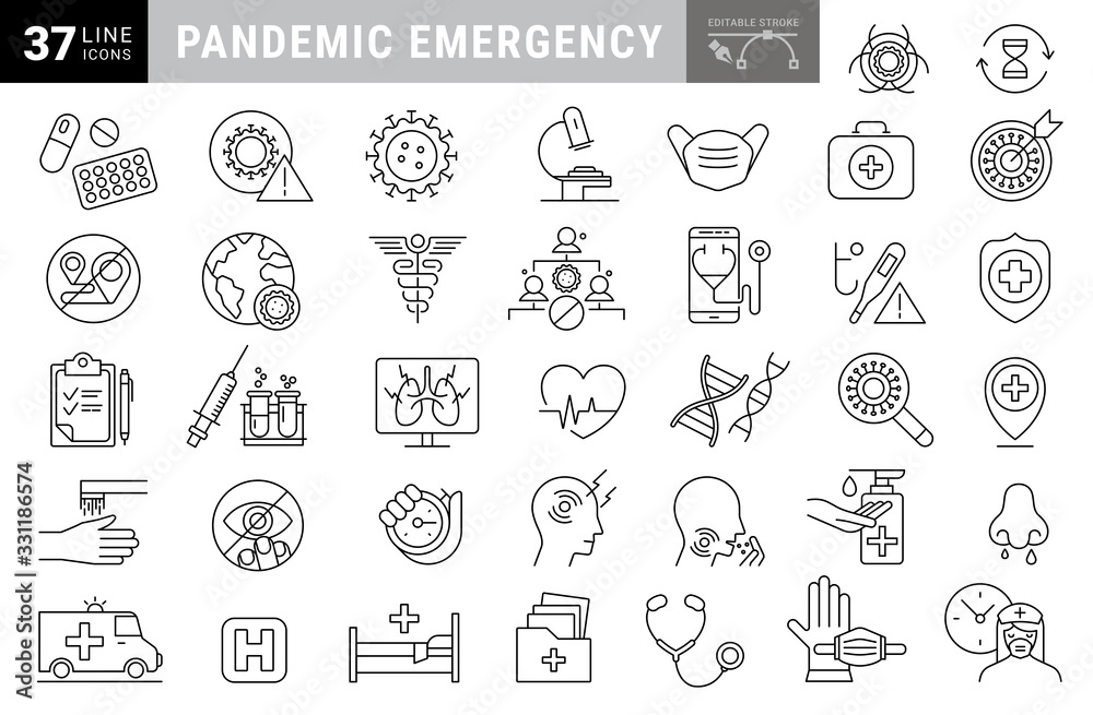 Flu disease prevention, cold symptoms flat line icons set. Fever ...