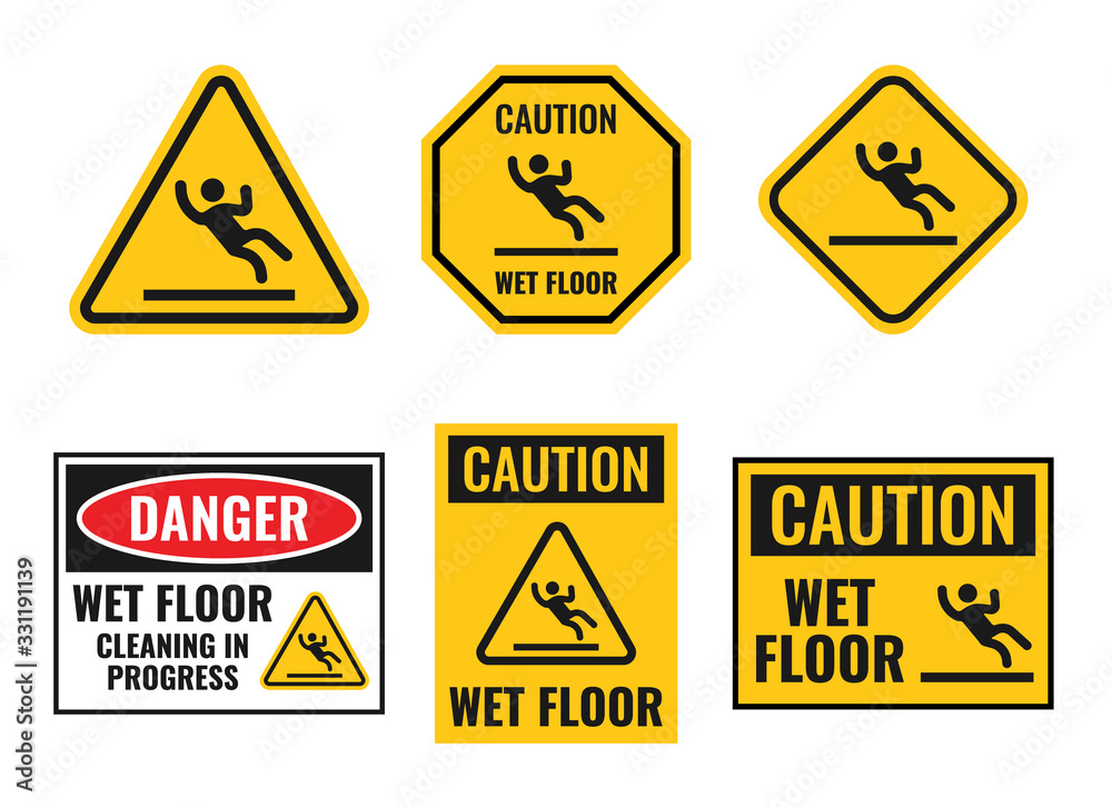 wet floor danger caution sign set, slippery floor warning notice Stock ...