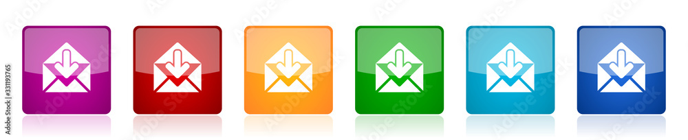 Email icon set, colorful square glossy vector illustrations in 6 ...