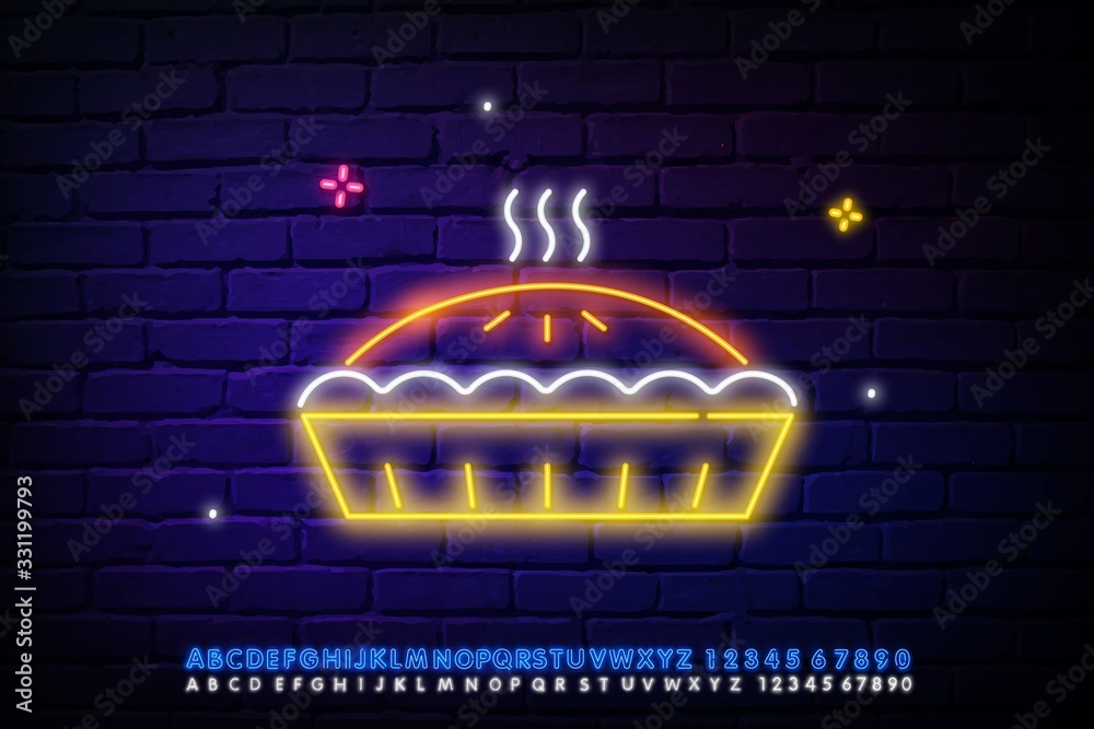 Hot pie neon sign. Thanksgiving Day and advertisement design. Night ...