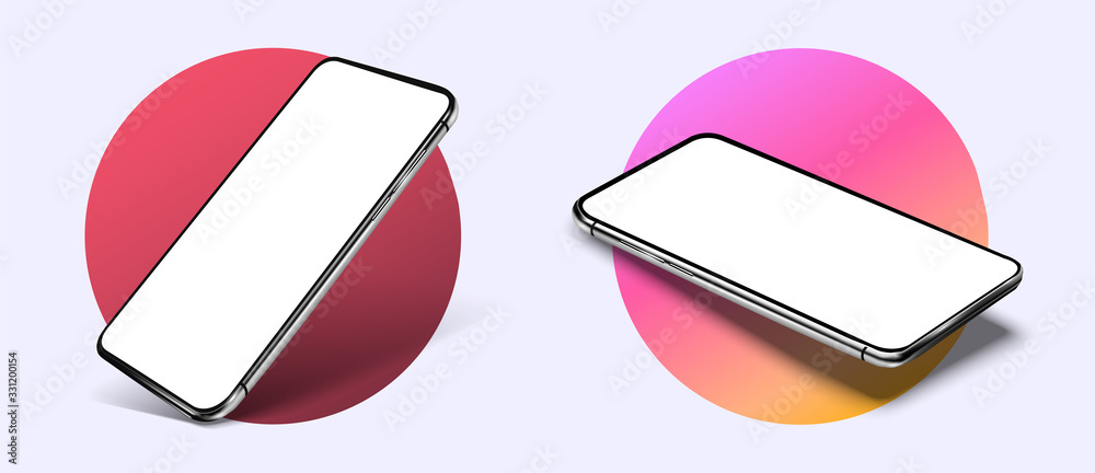 Smartphone frame less blank screen, rotated position. 3d isometric illustration cell phone ...