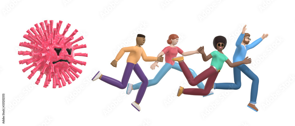 Panic fear virus. A multinational group of young people runs away in ...