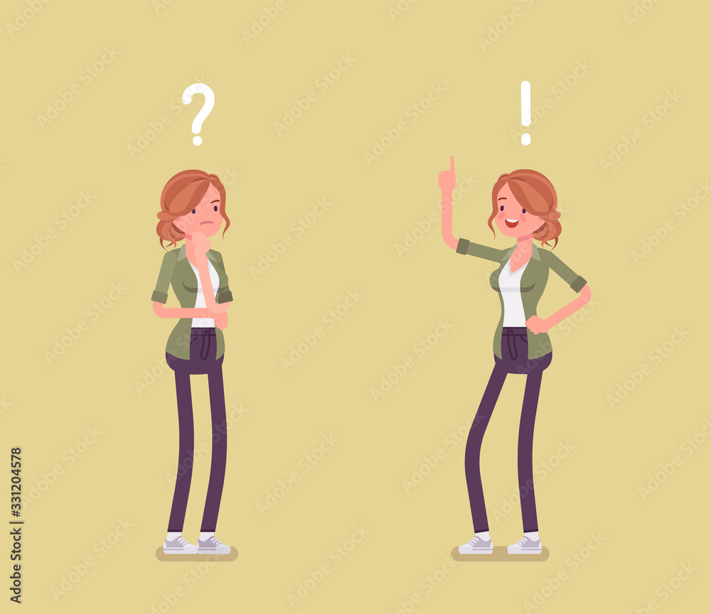 Problem, solution, woman thinking, question, exclamation marks. Girl in ...