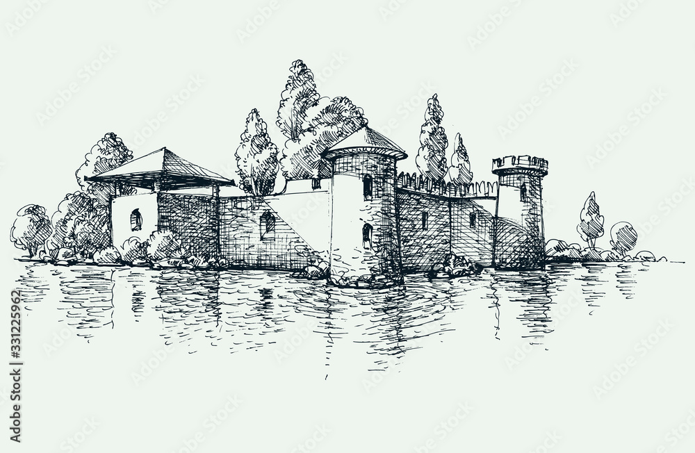 Old castle front view artistic hand drawing Stock Vector | Adobe Stock