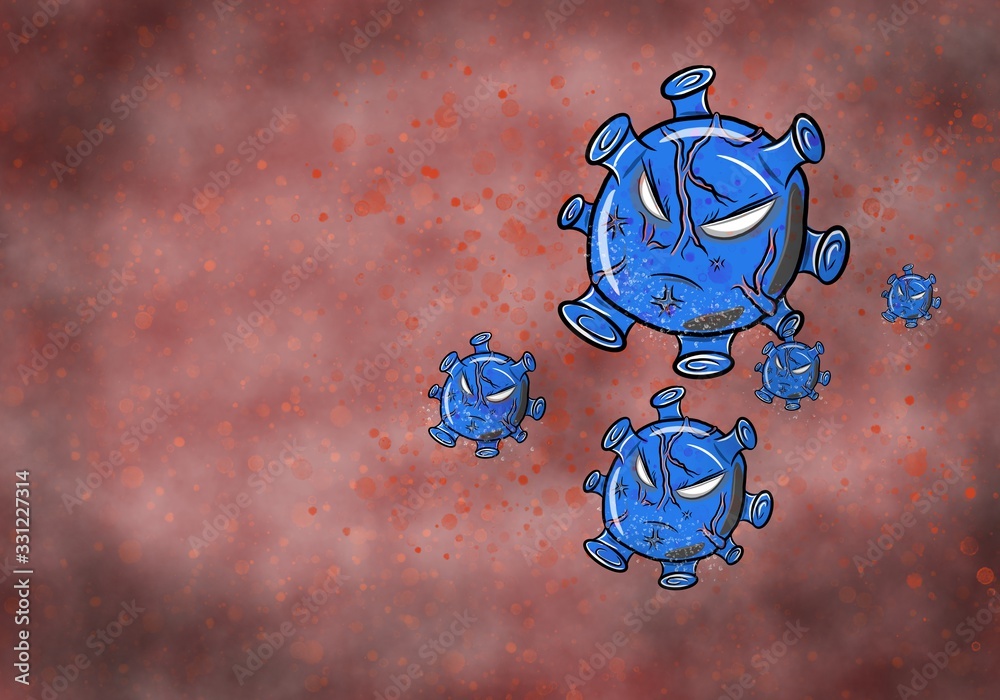 Flat cartoon blue virus from an epidemic in the body and red blood ...