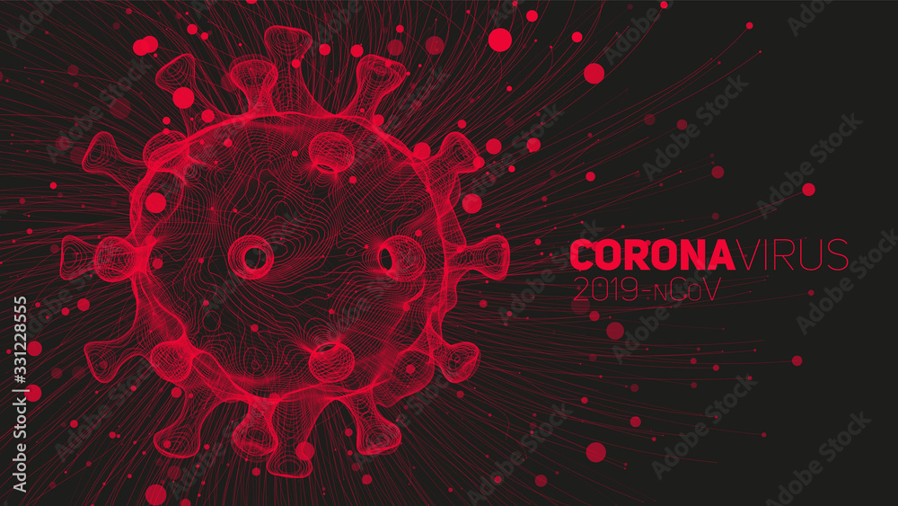 Vector red Coronavirus pathogen spreading concept on a dark background ...