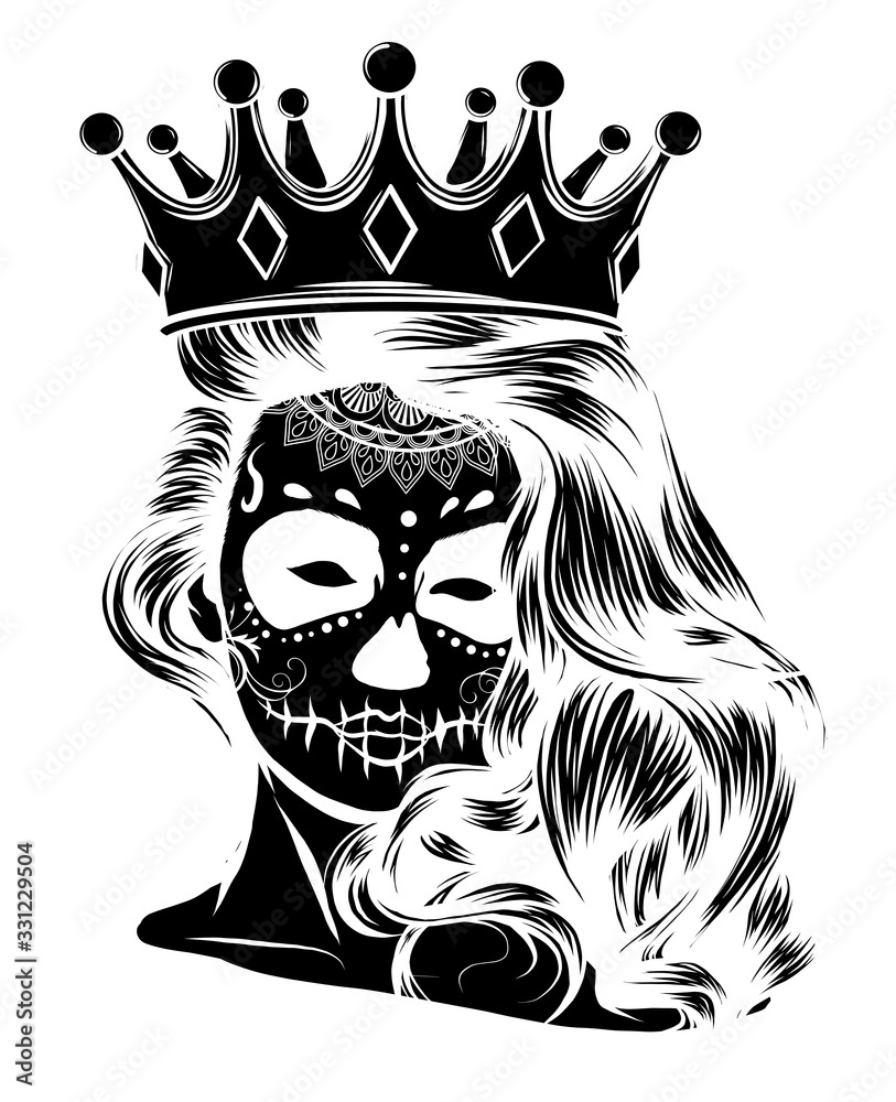 Queen of death. Portrait of a skull with a crown and long hair. Stock ...