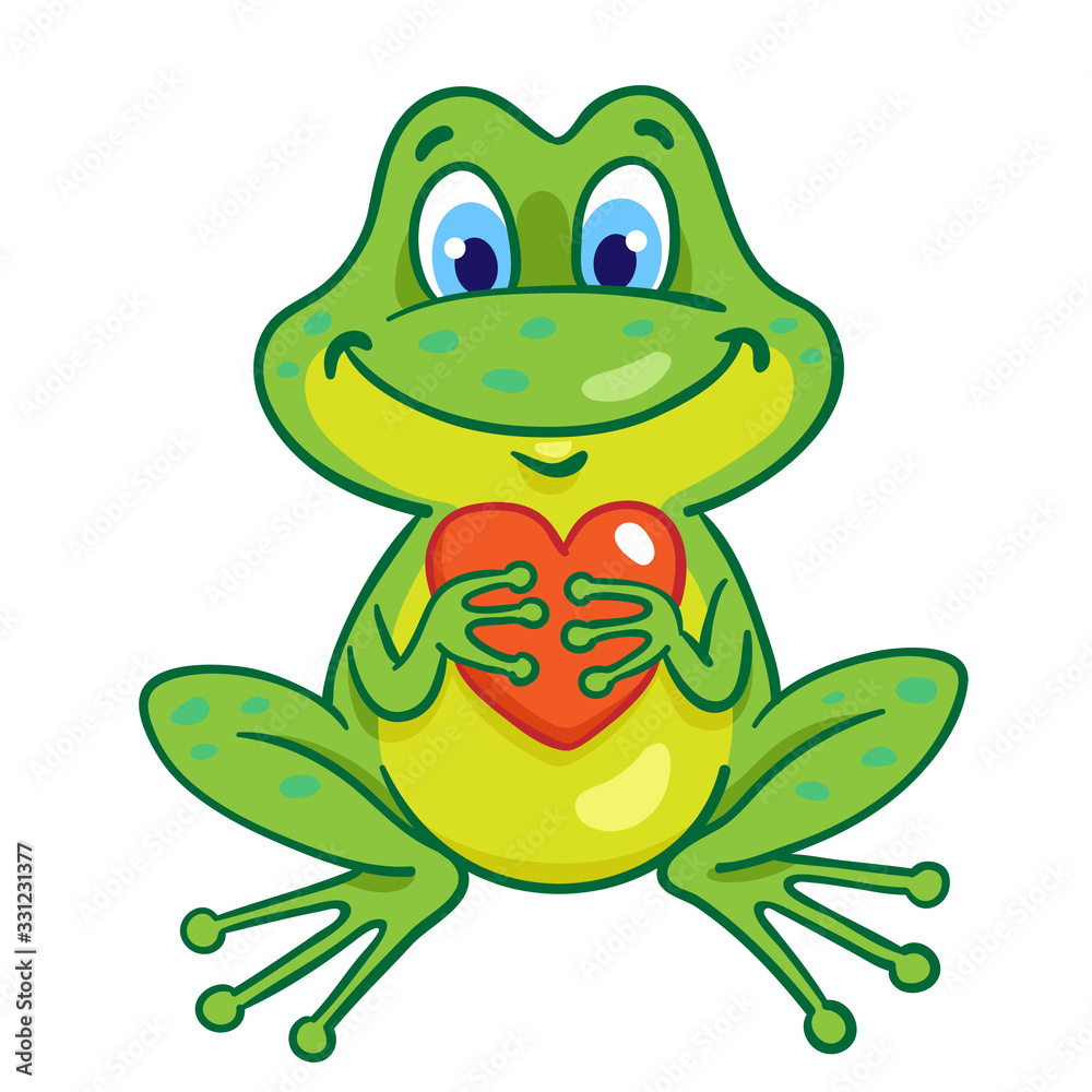 Funny little frog with a red heart in his hands. In cartoon style ...