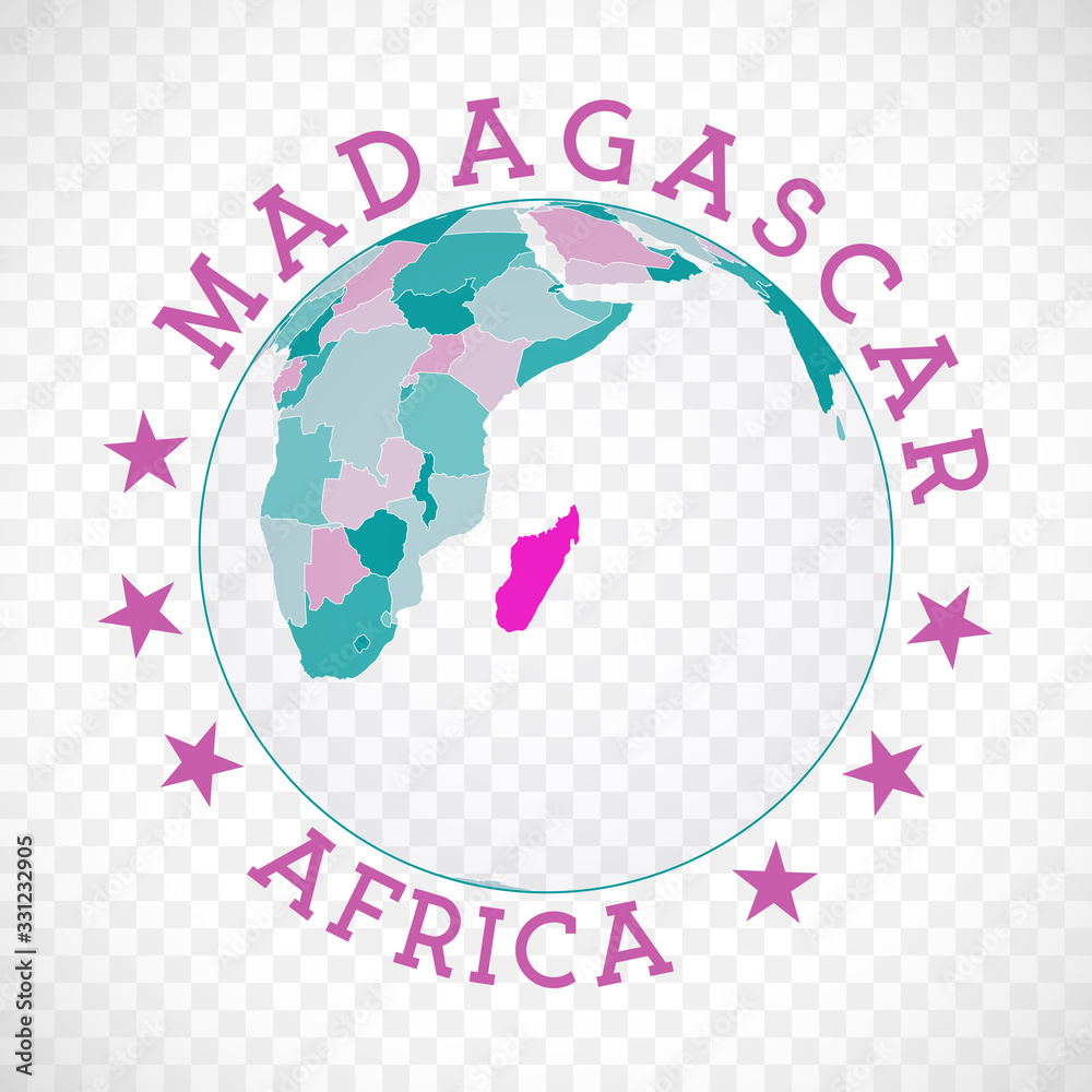 Madagascar round logo. Badge of country with map of Madagascar in world ...