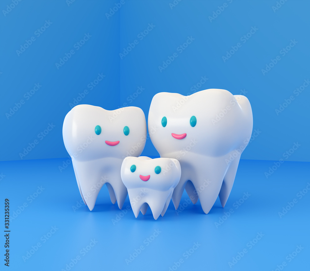 Cute happy smiling family of teeth. Clear tooth concept. Brushing teeth ...