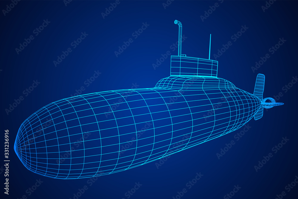 Military atomic submarine underwater boat. Wireframe low poly mesh ...