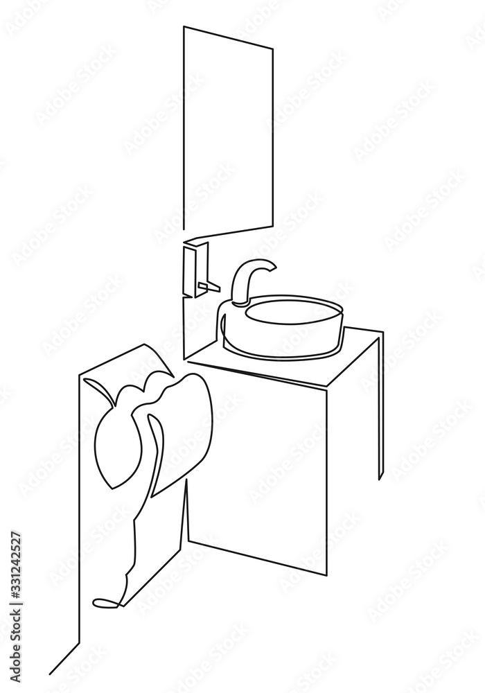 Continuous one line drawing of washbasin cabinet with rectangular ...