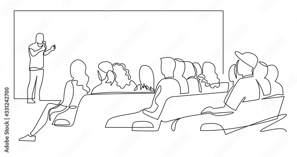 People sit cinema hall back rear view looking at screen continuous one ...