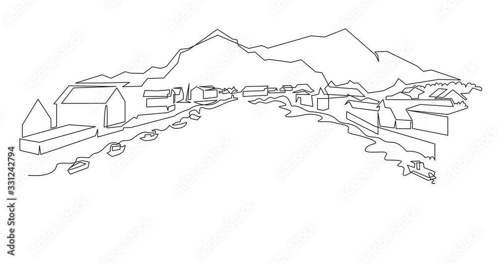 Norwegian Mountain landscape continuous one line vector drawing. Norway ...