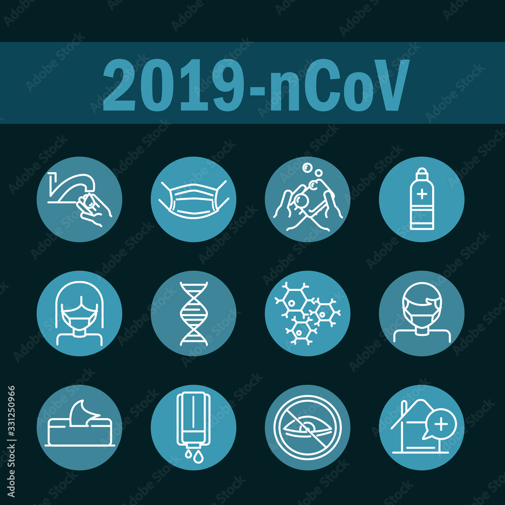 virus covid 19 pandemic respiratory pneumonia disease icons set block ...