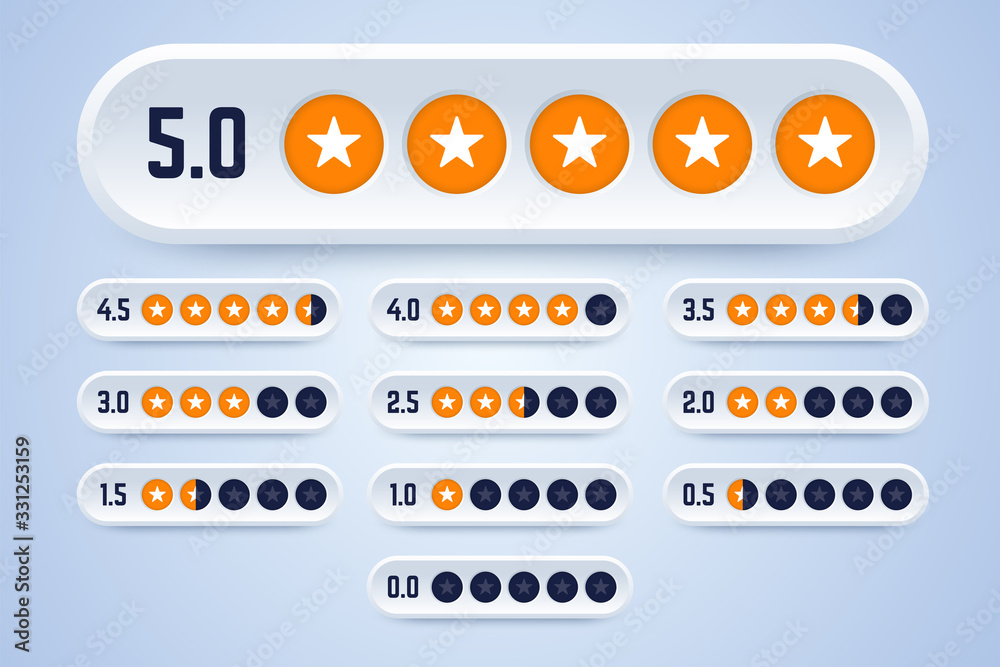 Set of rating labels with stars. 3d rating buttons from 0 to 5 stars ...